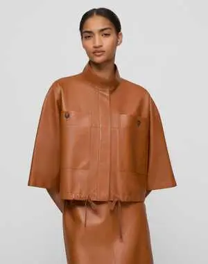 Lafayette 148 New York Nappa Leather Oversized Cropped Shirt Jacket - Copper