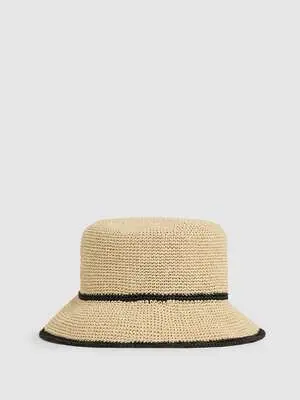 REISS Edith Tipped Straw Bucket Hat - Natural