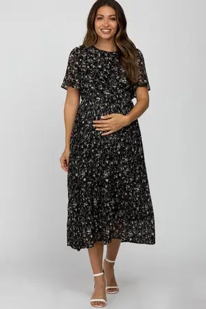 PINKBLUSH Floral Pleated Chiffon Midi Dress - Black