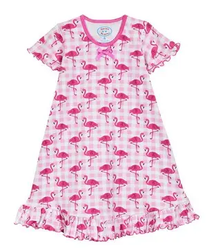 SARA’S PRINTS Short Sleeve Ruffle Nightgown - Plaid Flamingo