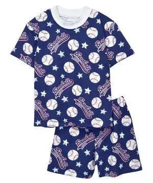 SARA’S PRINTS Loose Fit Classic Short Pajama 2-piece Set - Baseball Stars