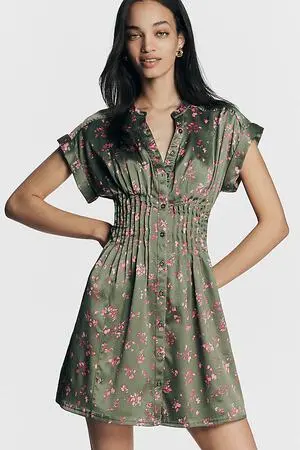 PILCRO Silken Pleated Shirt Dress - Olive
