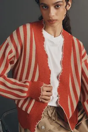 Anthropologie Waffle-knit Scalloped Cardigan Sweater - Red