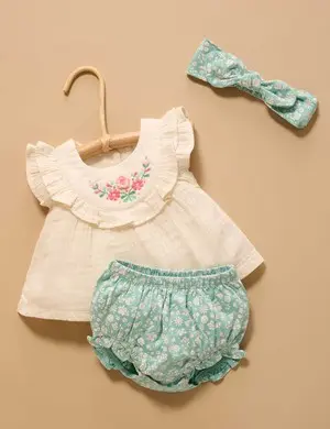 PUREBABY Embroidered Top And Bloomer Set