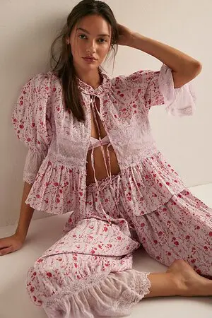 Free People Forever Young Printed Bed Jacket - Lavender Combo