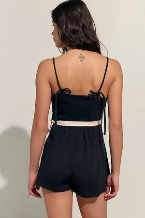Free People Ribbed Sweetheart Neckline Romper With Ribbon Waistband - Black