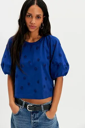 Free People Jessie Eyelet Tee - Navy Combo