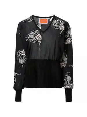 La DoubleJ Floral Print V-neck Sweater - Black