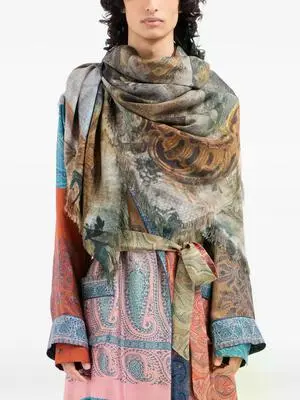 PIERRE-LOUIS MASCIA Aloeuw Printed Fringed Shawl Scarf - Grey