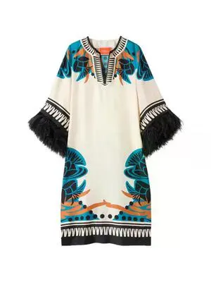 La DoubleJ Floral Feather-trimmed Kaftan Midi Dress