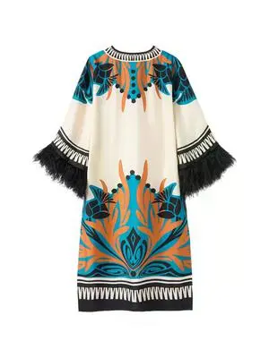 La DoubleJ Floral Feather-trimmed Kaftan Midi Dress
