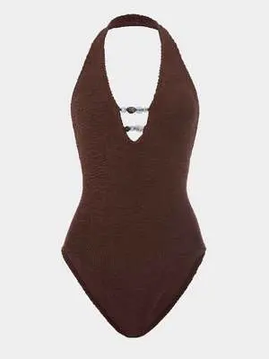 Hunza G Adriana Beaded One Piece Swimsuit - Metallic Chocolate