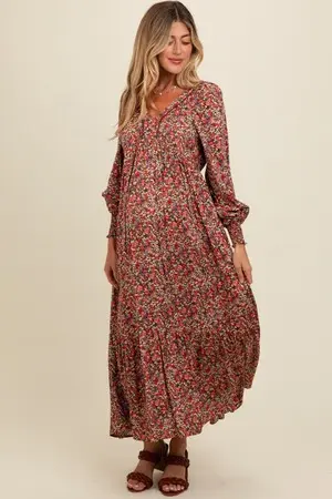PINKBLUSH Floral V-neck Bubble Sleeve Maxi Dress