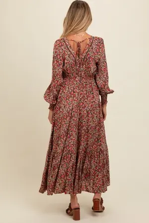 PINKBLUSH Floral V-neck Bubble Sleeve Maxi Dress