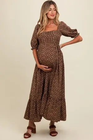 PINKBLUSH Floral Pleated Bodice Maxi Dress - Mocha