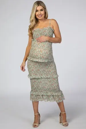 PINKBLUSH Floral Chiffon Smocked Fitted Maternity Midi Dress