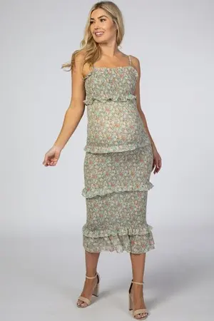 PINKBLUSH Floral Chiffon Smocked Fitted Maternity Midi Dress