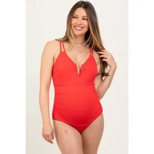 PINKBLUSH Ribbed Split Neckline Maternity Swimsuit - Red
