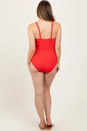 PINKBLUSH Ribbed Split Neckline Maternity Swimsuit - Red