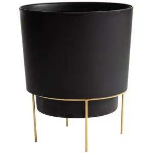 BLOEM 6 Inch Hopson Round Planter With Gold Metal Stand - Black