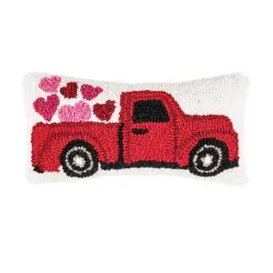 C&F HOME Hearts Truck Mini Hooked Valentine's Day Accent Pillow 6" X 12 - Red