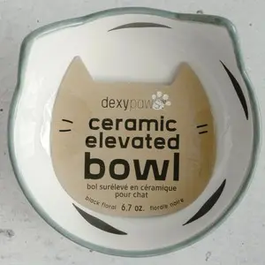 DEXYPAWS Elevated Ceramic Cat Bowl, Floral White & Black, 7oz