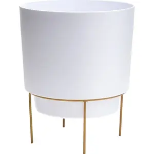 BLOEM 6 Inch Hopson Round Planter With Gold Metal Stand - White