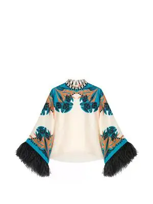 La DoubleJ Floral Feather Silk Blouse