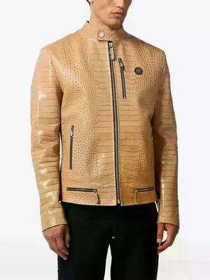 Philipp Plein Croco Print Biker Jacket - Neutrals