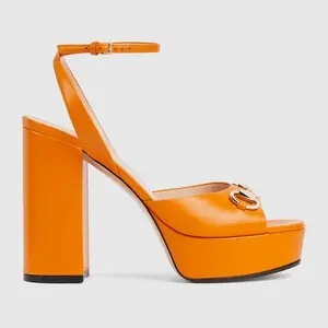 Gucci Horsebit Leather Platform Sandals - Orange