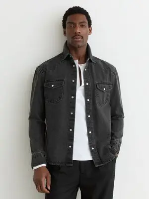REISS Finley Washed Denim Western Overshirt - Washed Black