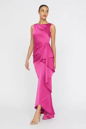 Theia Harper Draped Wrap Bateau Neck Satin Gown