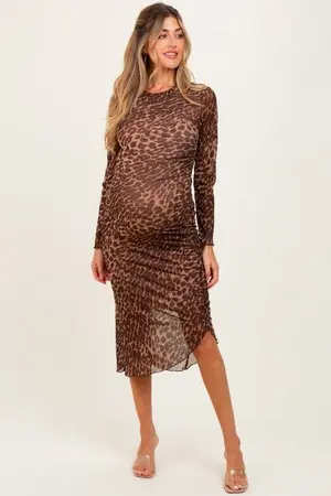 PINKBLUSH Leopard Print Mesh Midi Dress With Ruching - Brown