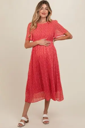 PINKBLUSH Floral Print Puff Sleeve Pleated Midi Dress - Red