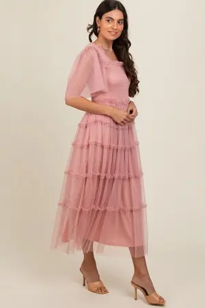 PINKBLUSH Ruffled Mesh Maternity Maxi Dress
