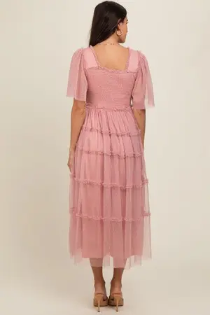 PINKBLUSH Ruffled Mesh Maternity Maxi Dress