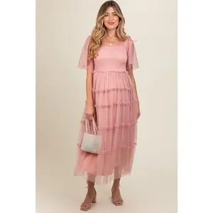 PINKBLUSH Ruffled Mesh Maternity Maxi Dress - Pink