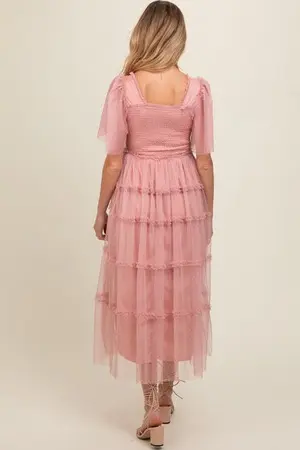 PINKBLUSH Ruffled Mesh Maternity Maxi Dress