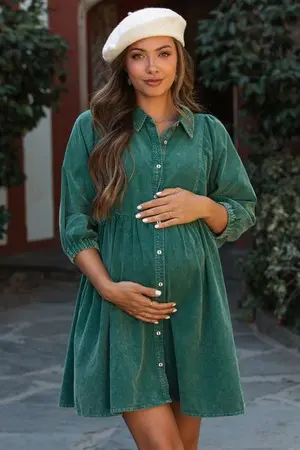 PINKBLUSH Corduroy Button-down Collared Shirt Dress - Green