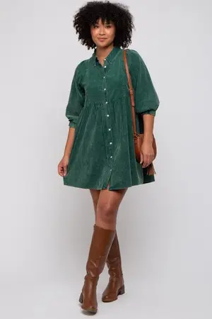 PINKBLUSH Corduroy Button-down Collared Shirt Dress - Green