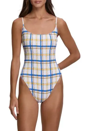 Polo Ralph Lauren Kennedy Smocked Plaid One-piece Swimsuit - White/blue Multi