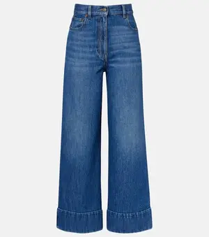 Valentino Garavani Leather-trimmed Wide-leg Jeans - Blue