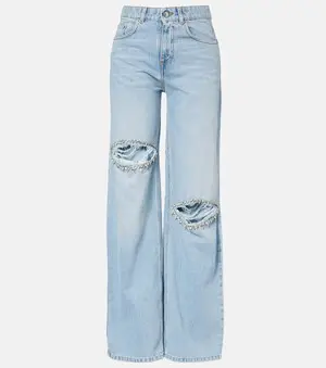 AREA Distressed Embellished Wide-leg Jeans - Blue