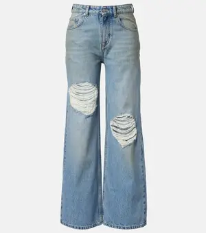 AREA Distressed Embellished Wide-leg Jeans - Blue