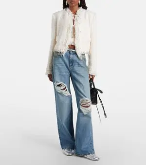 AREA Distressed Embellished Wide-leg Jeans - Blue