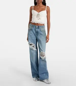 AREA Distressed Embellished Wide-leg Jeans - Blue