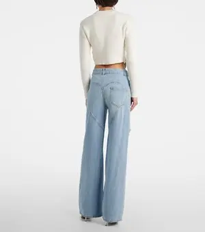 AREA Distressed Embellished Wide-leg Jeans - Blue