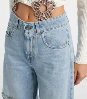 AREA Distressed Embellished Wide-leg Jeans - Blue