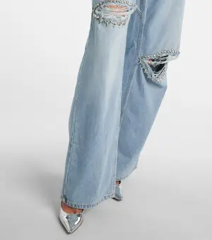 AREA Distressed Embellished Wide-leg Jeans - Blue