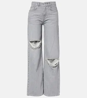 AREA Distressed Embellished Wide-leg Jeans - Grey